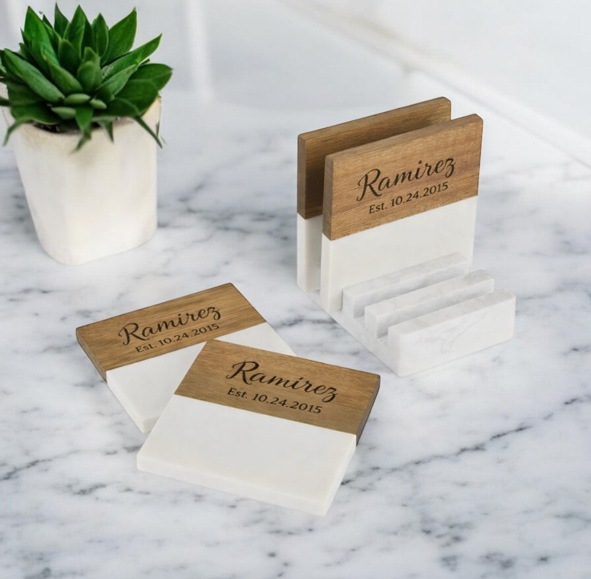 Personalized Marble & Wood Coaster Set – 4 Coasters with Stand – Etched ...